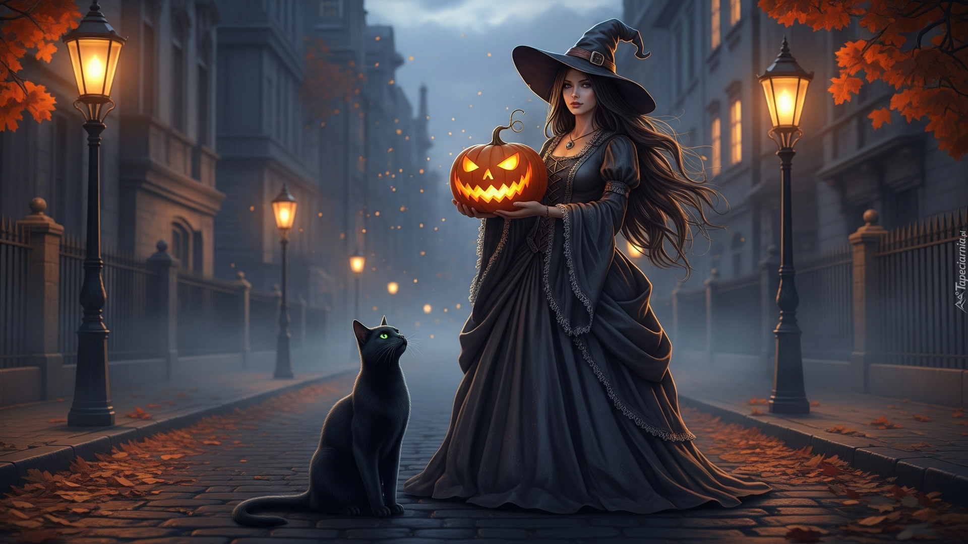 Edycja Tapety: Czarny kot obok czarownicy ze świecącą dynią na ulicy z zapalonymi latarniami