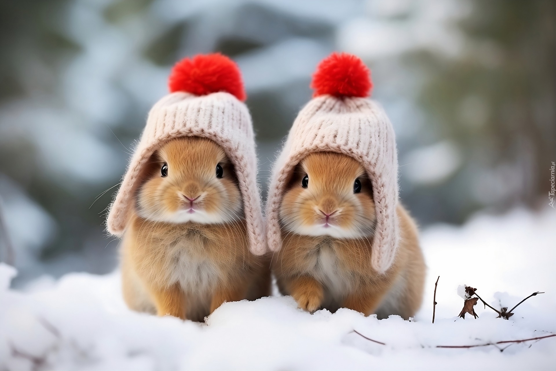 Edycja Tapety: Dwa króliki w czapkach z czerwonym pomponem na śniegu