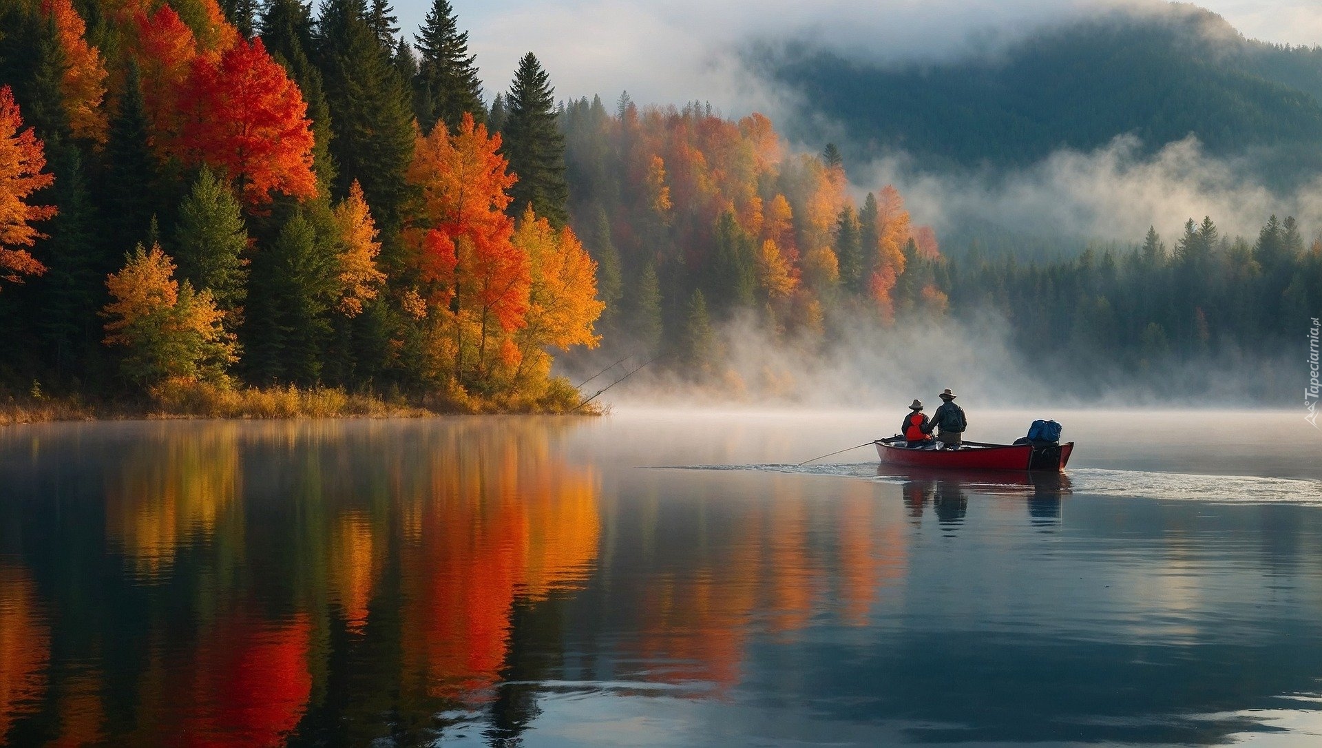 Edycja Tapety: Kolorowe jesienne drzewa i wędkarze w łódce na zamglonym ...
