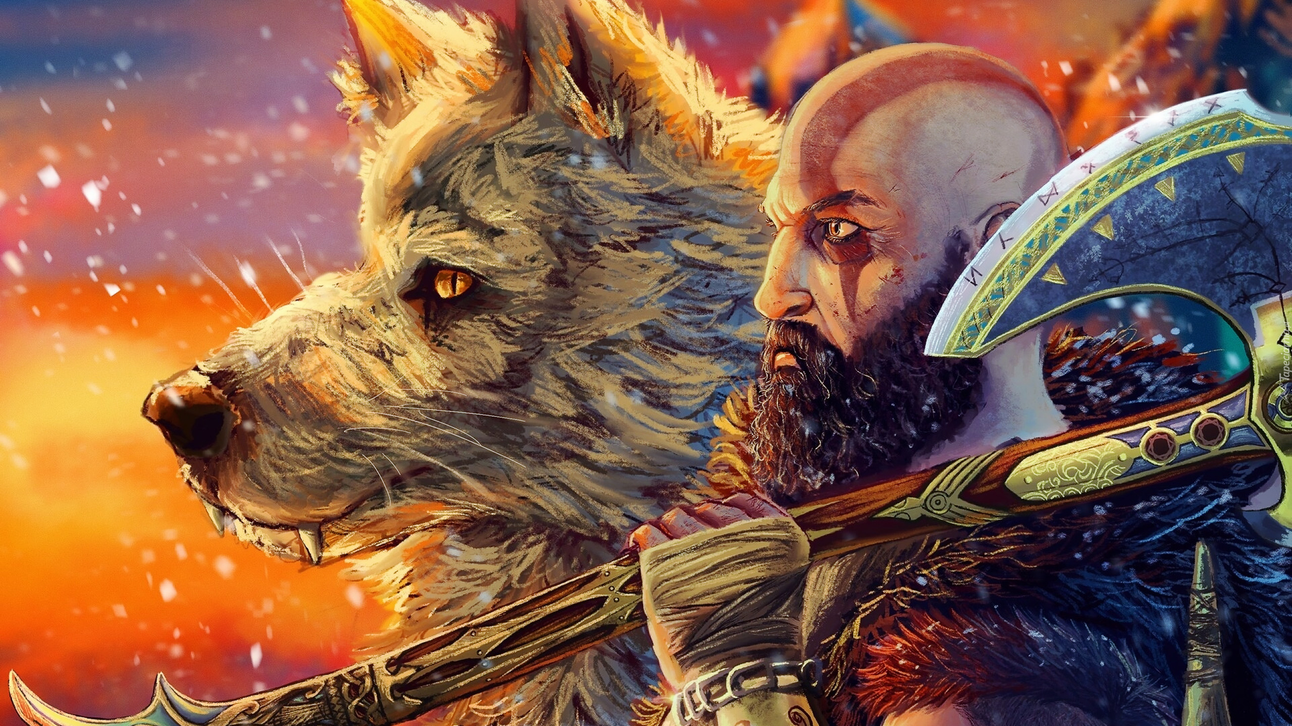 Edycja Tapety: Kratos z wilkiem na plakacie do gry God of War Ragnarok