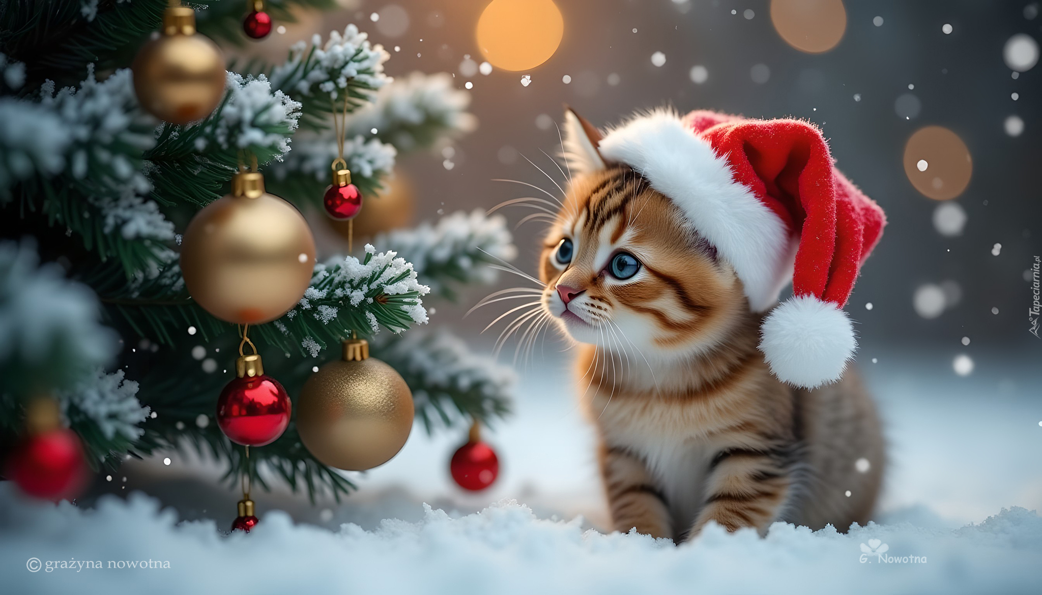Edycja Tapety: Mały kotek w czapce Mikołaja obok choinki z bombkami na śniegu