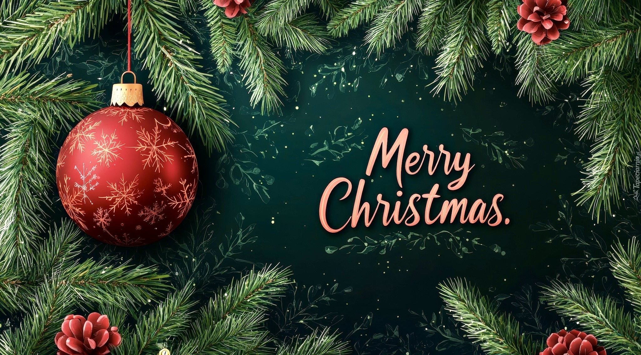 Edycja Tapety: Napis Merry Christmas otoczony świerkowymi gałązkami z ...