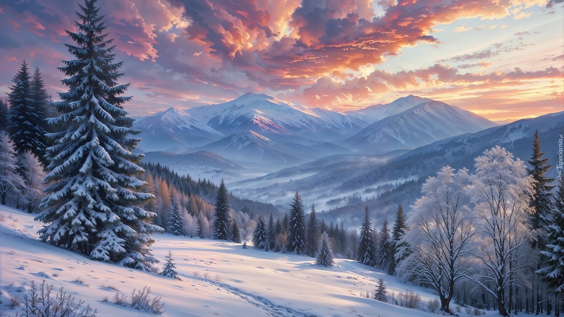 Edycja Tapety: Ośnieżone drzewa na zboczu i góry pod kolorowymi chmurami