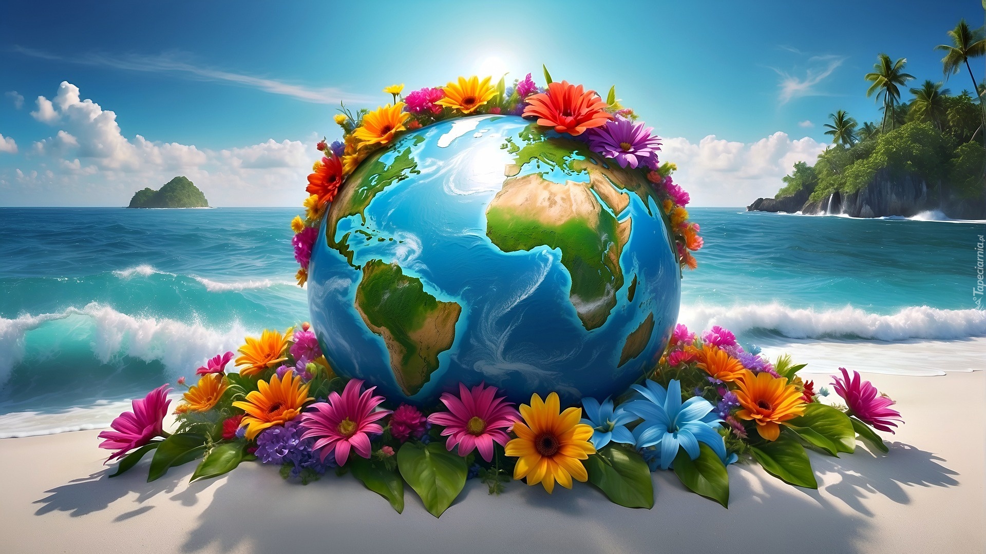 Edycja Tapety: Planeta Ziemia wśród kwiatów na plaży nad morzem w grafice