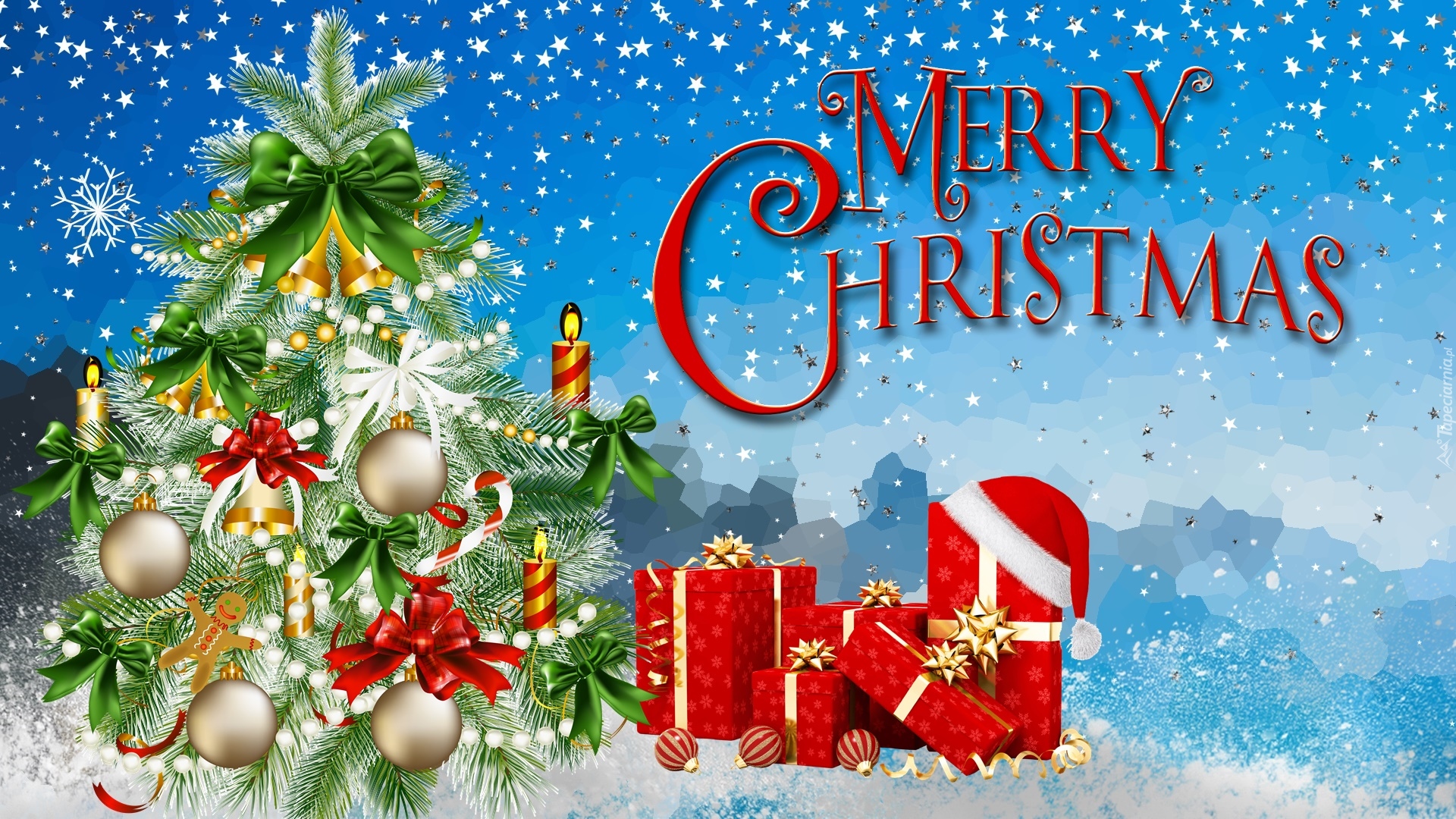 Edycja Tapety: Prezenty obok choinki i napis Merry Christmas w grafice