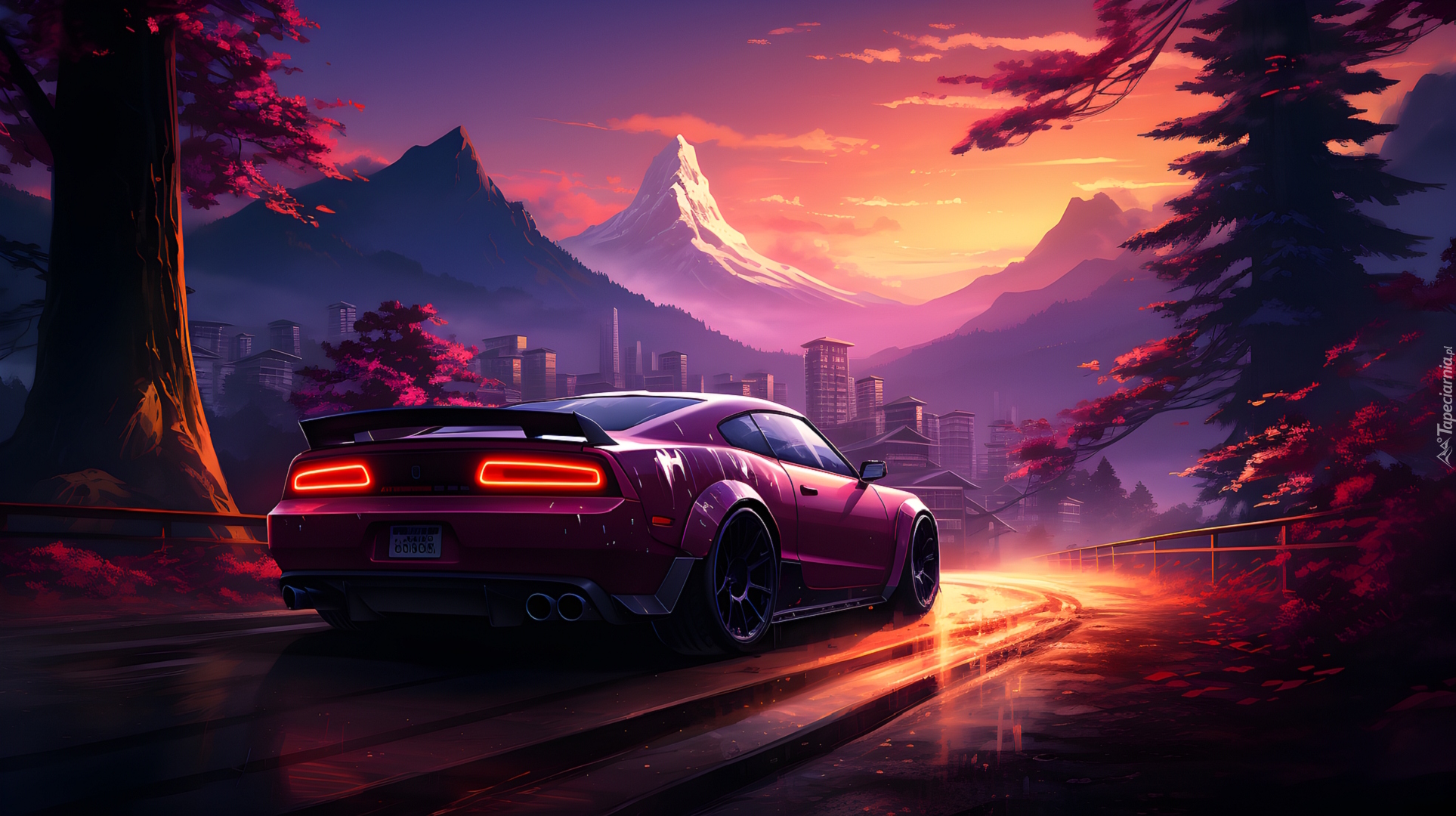 Edycja Tapety: Samochód na drodze na tle zachodu słońca nad górami