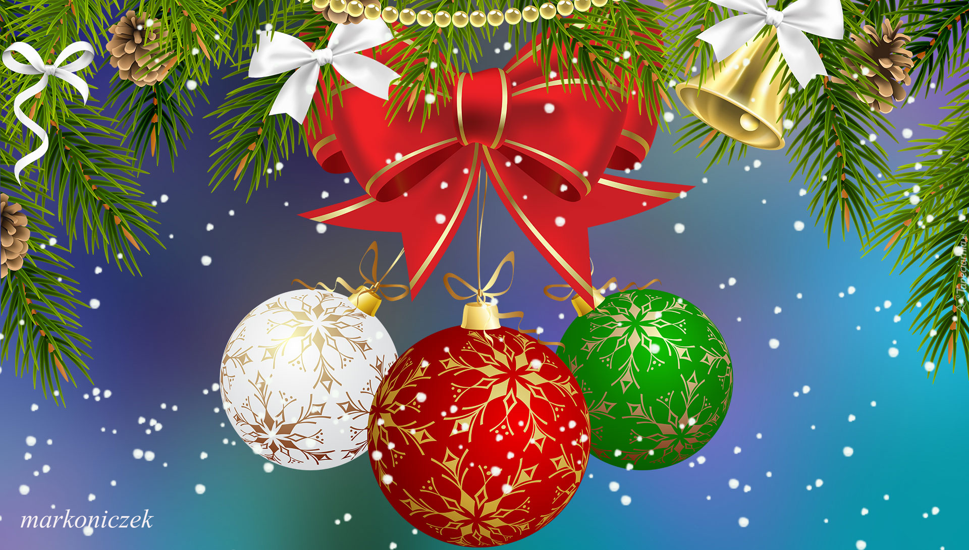 Edycja Tapety: Świąteczna grafika na Boże Narodzenie z bombkami i kokardą