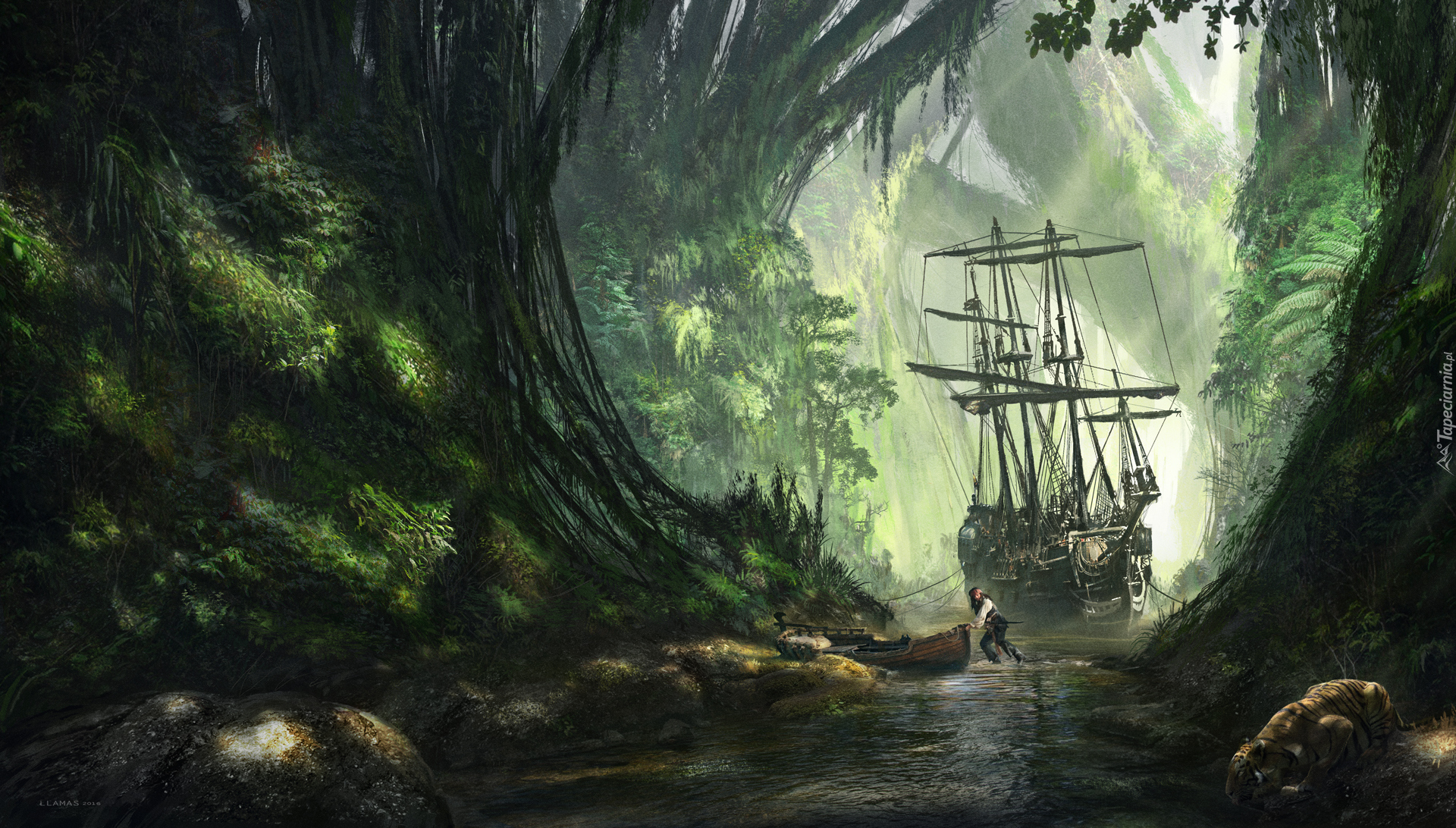 Jack Sparrow i statek z filmu Piraci z Karaibów na ilustracji